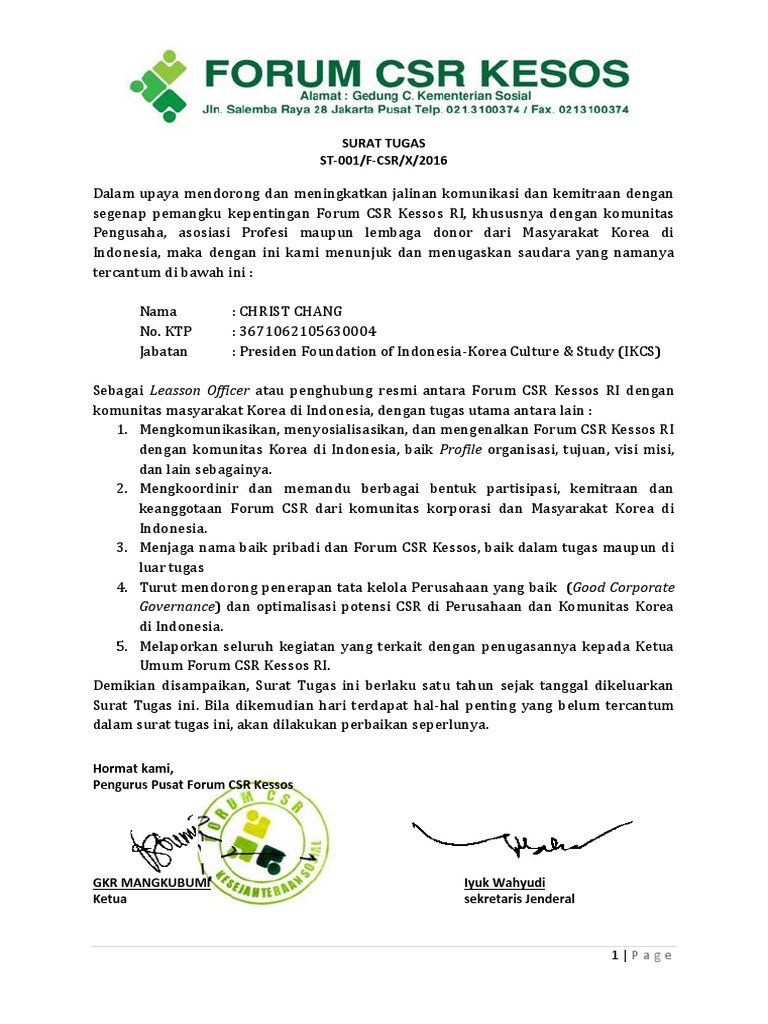 Surat Tugas CSR untuk Komunitas Korea | PDF | Karier & Perkembangan