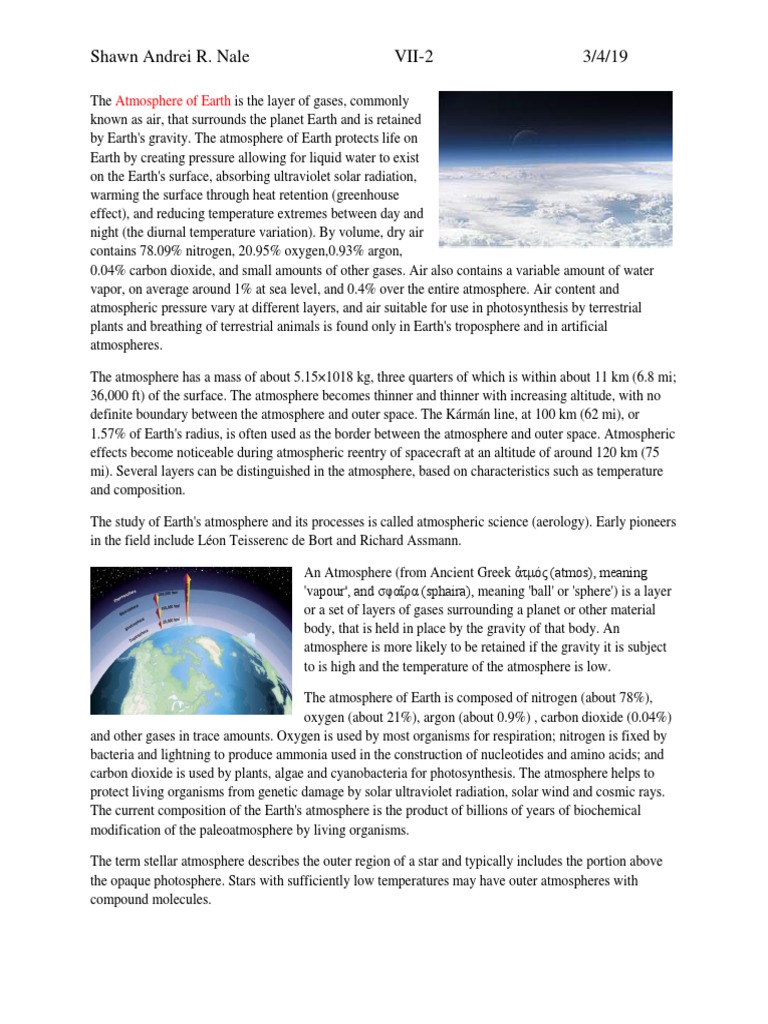 The Atmosphere of Earth Is The Layer of Gases | PDF | Atmosphere Of ...