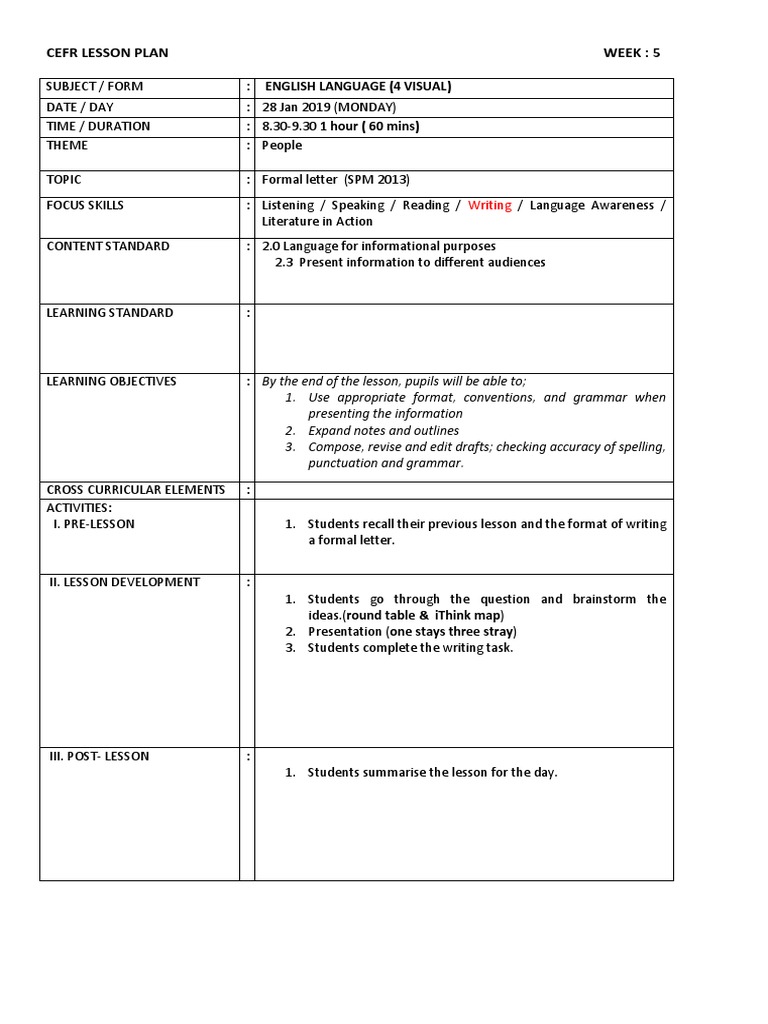 Cefr Lesson Plan Week: 5: Writing | PDF