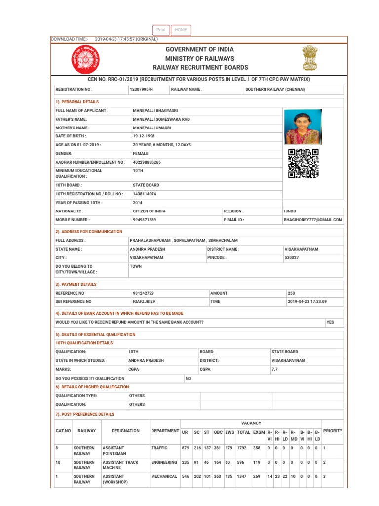 Application Details - Railway Recruitment Board | PDF | Government ...
