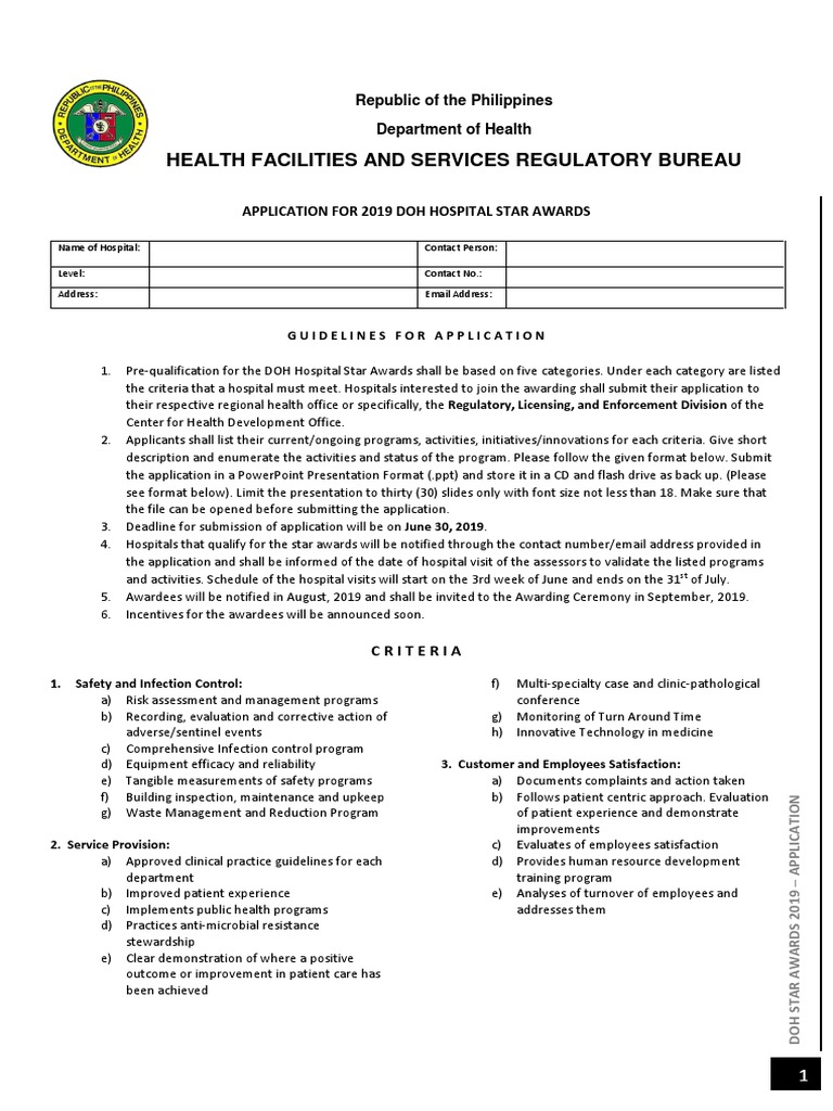 2019 DOH Hospital Star Awards Application | PDF | Patient | Medicine