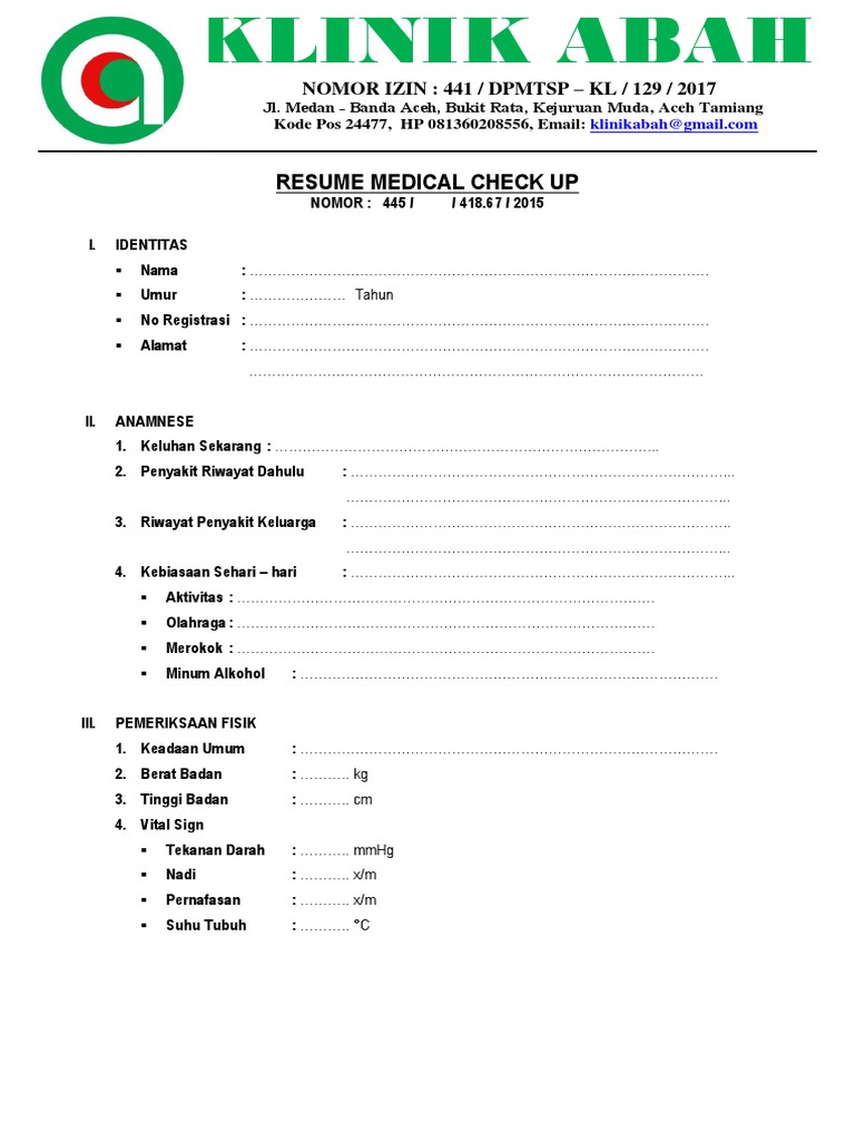Resume Medical Check Up: NOMOR IZIN: 441 / DPMTSP - KL / 129 / 2017 | PDF