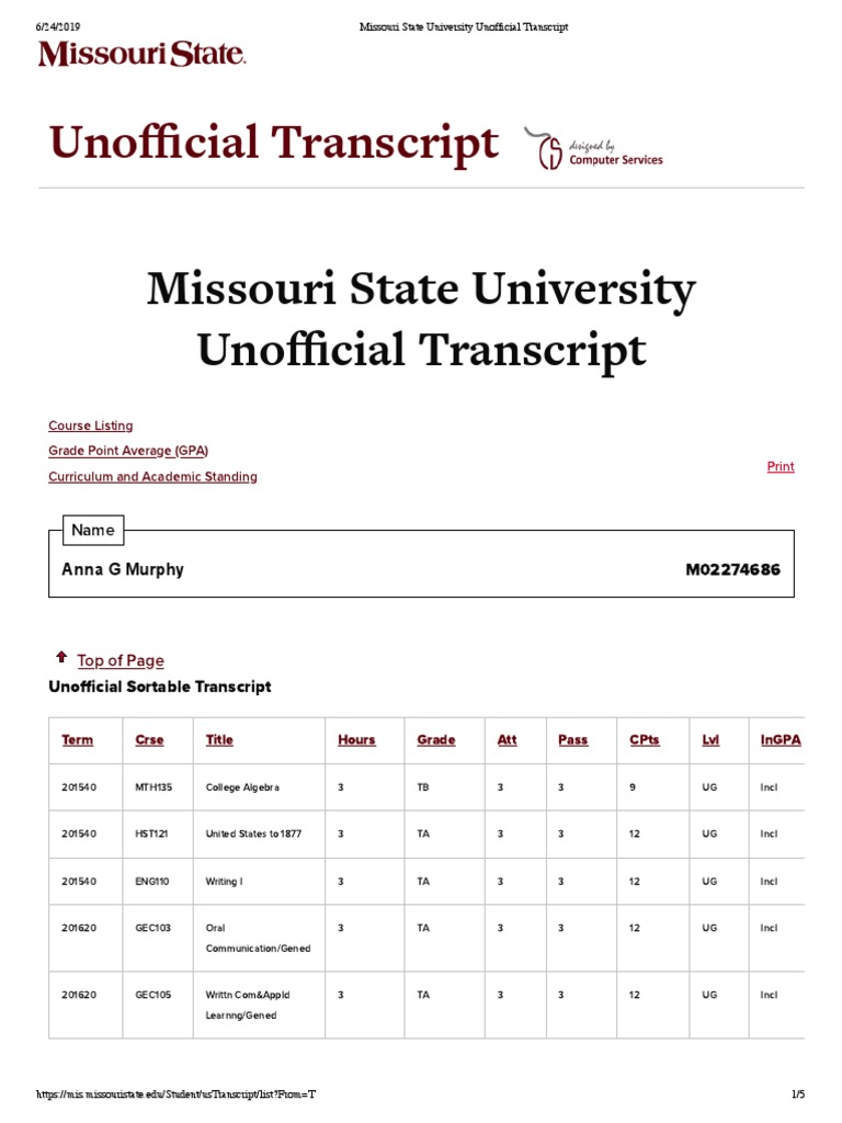 Missouri State University Unofficial Transcript | PDF | Course Credit ...