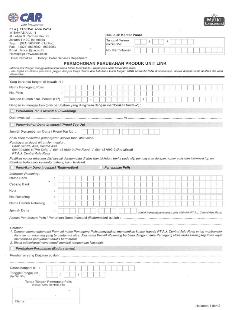 Formulir Permohonan Perubahan Produk Unit Link | PDF