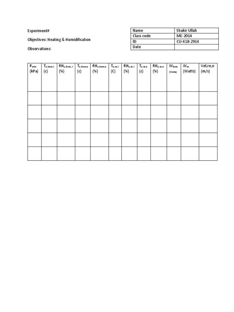Experiment# Objectives: Heating & Humidification Observations: Name ...