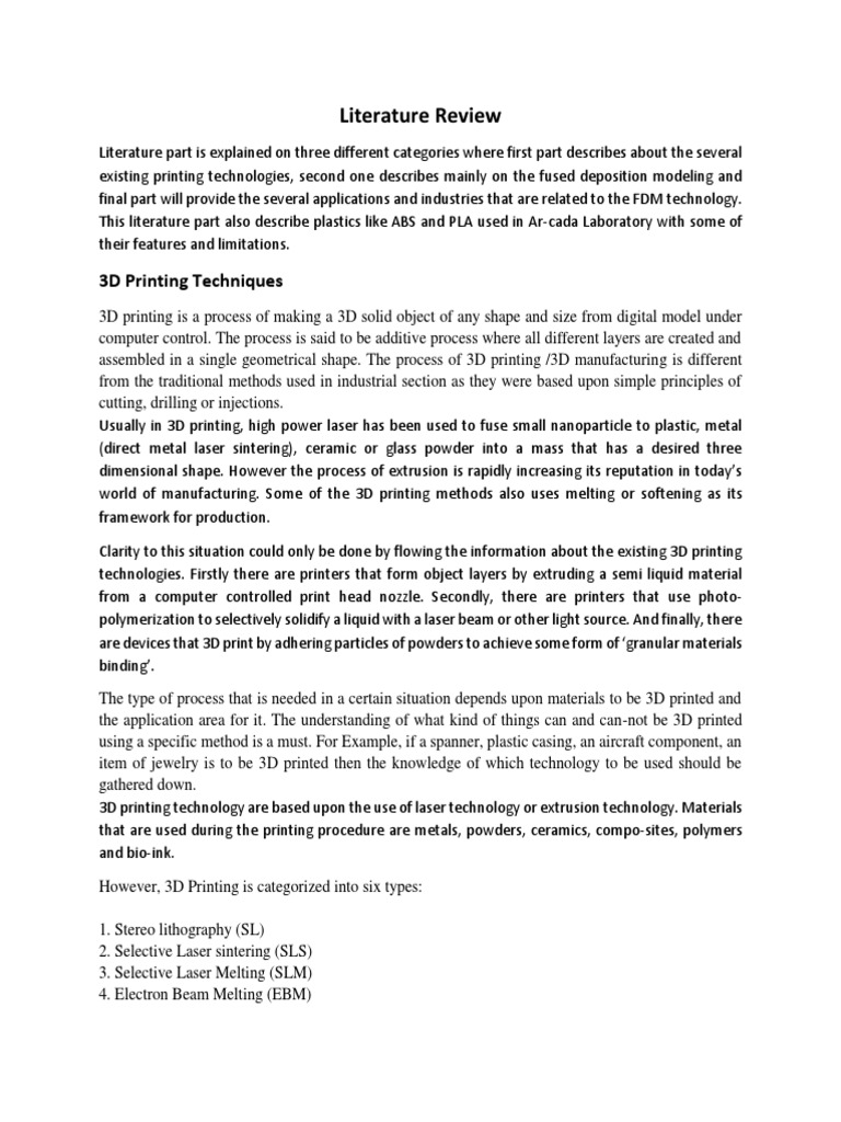 Literature Review: 3D Printing Techniques | PDF | 3 D Printing ...