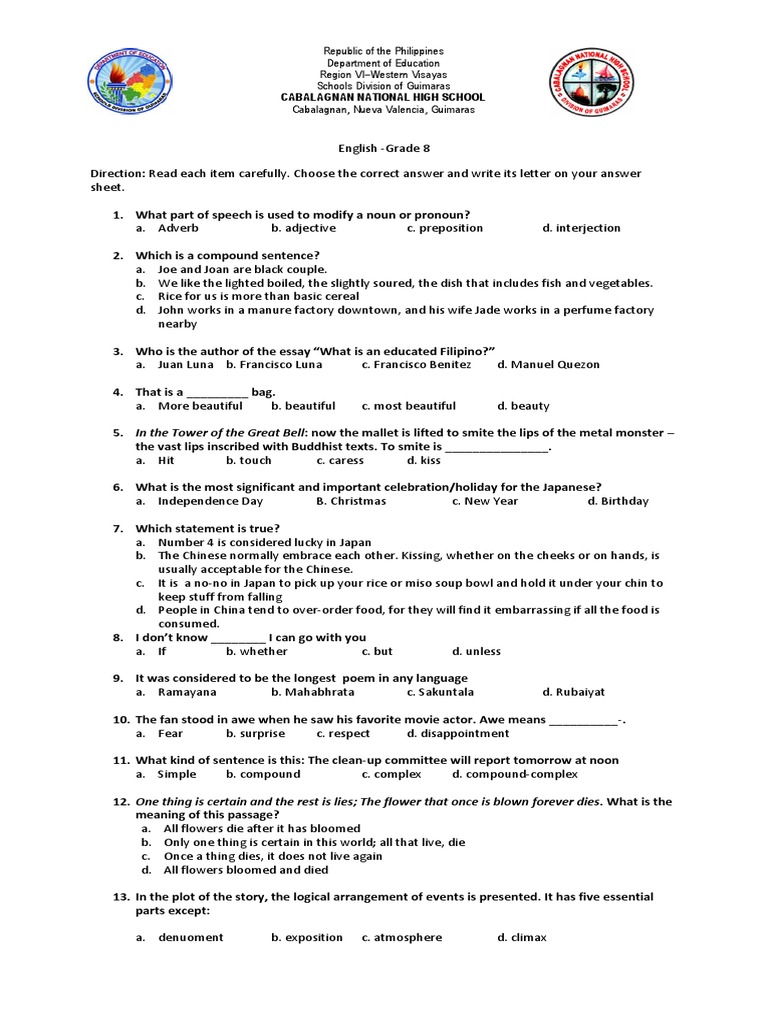 English -Grade 8: Multiple Choice Test with Questions on Parts of ...