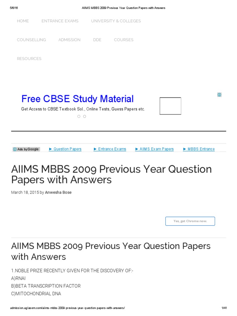 AIIMS MBBS 2009 Previous Year Question Papers With Answers | PDF | Lung ...