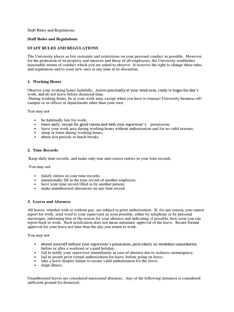 Staff Rules and Regulations Staff Rules and Regulations | PDF | Working ...