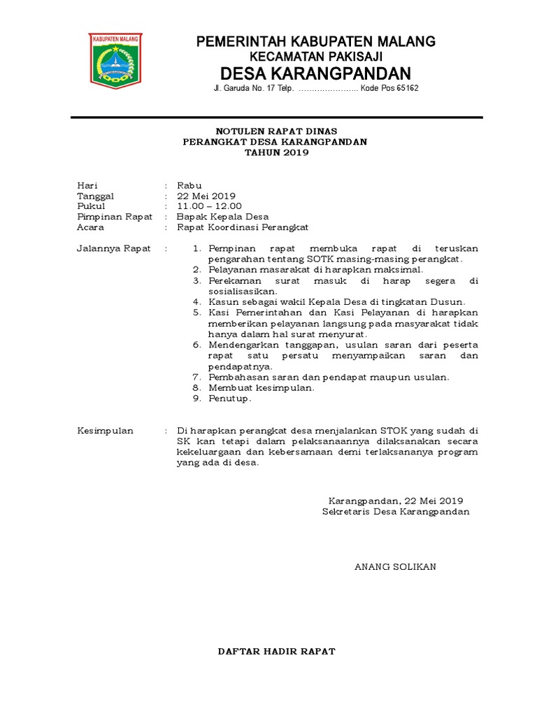 Notulen Rapat Dinas | PDF