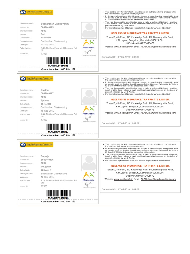 Health Insurance Identification Cards for Sudharshan Chakravarthy and ...