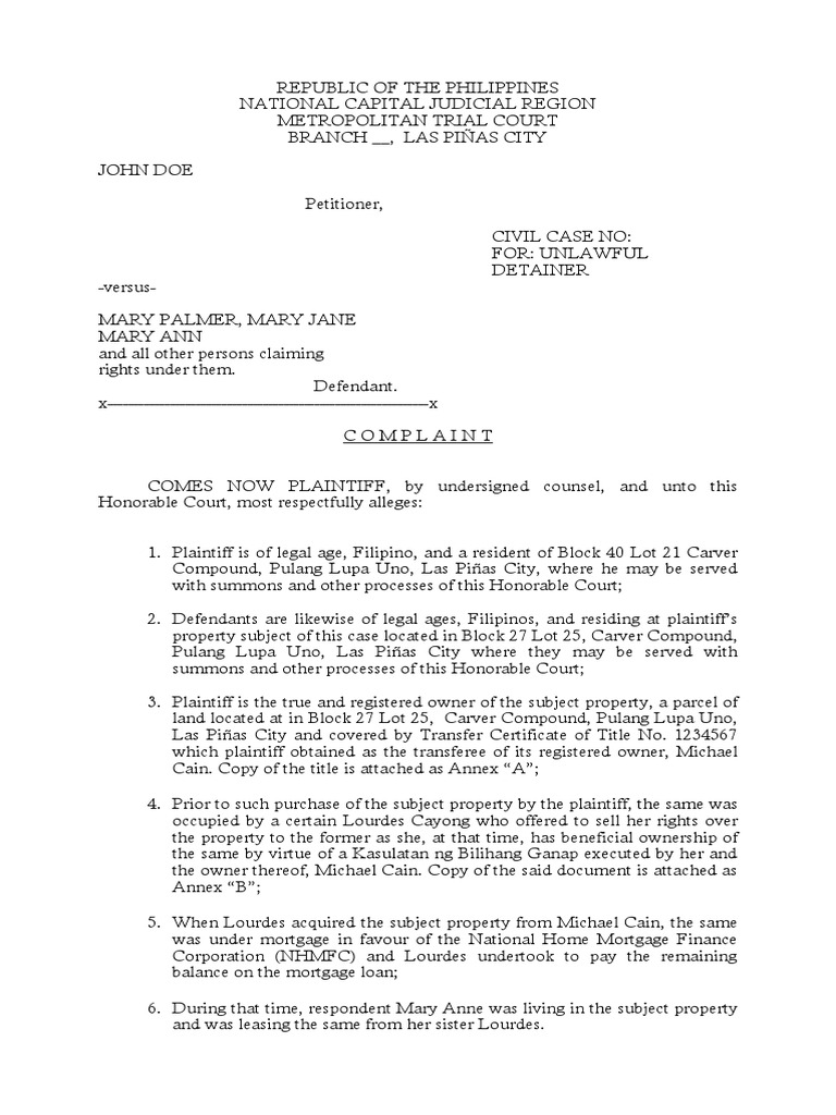 Sample Complaint For Ejectment | PDF | Lawsuit | Complaint