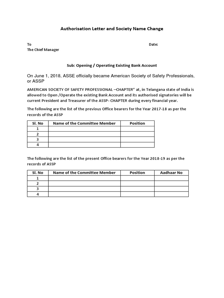 Authorisation Letter and Society Name Change: Sub: Opening / Operating ...