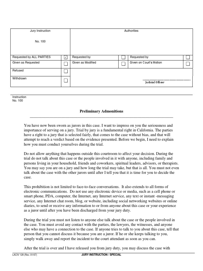 Preliminary Admonitions: Jury Instruction Authorities | PDF | Burden Of ...