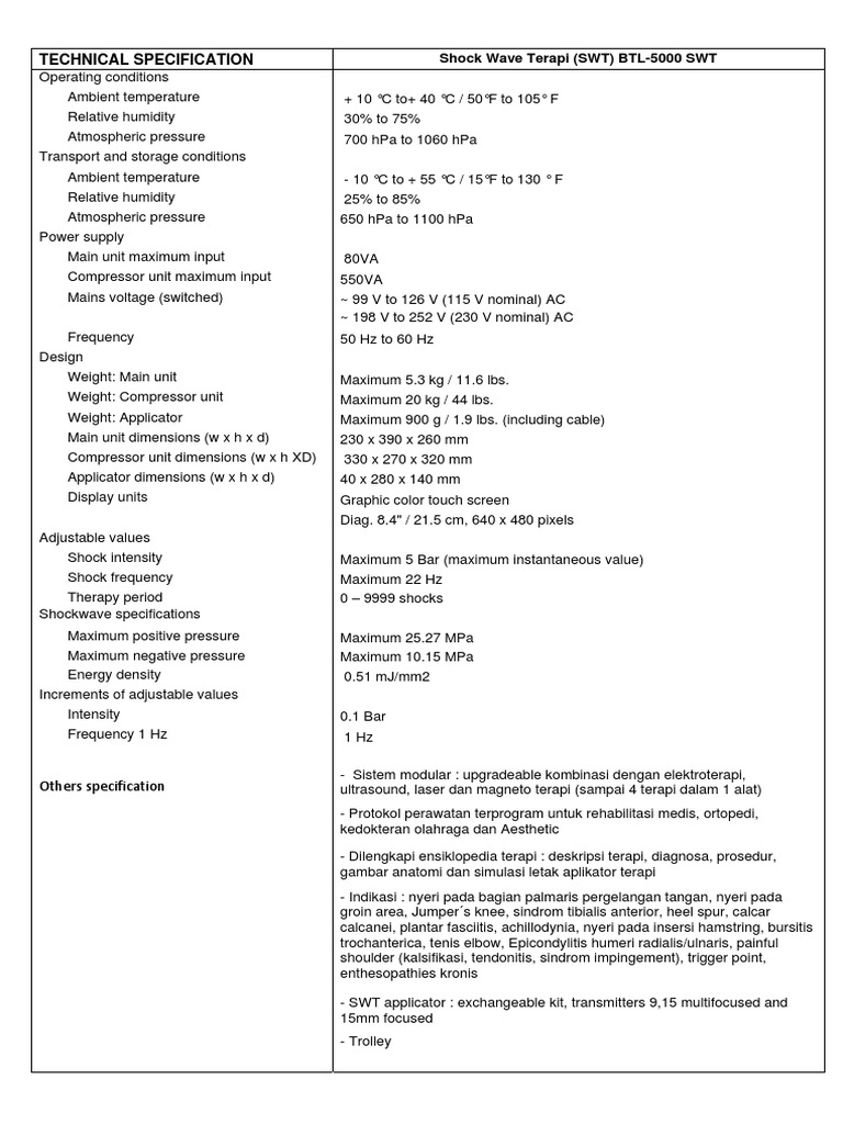 Technical Specification: Shock Wave Terapi (SWT) BTL-5000 SWT | PDF ...