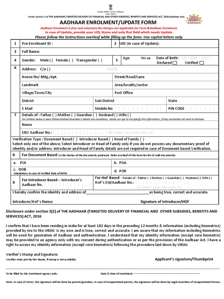 Aadhaar Enrolment/Update Form | PDF | Identity Document | Document