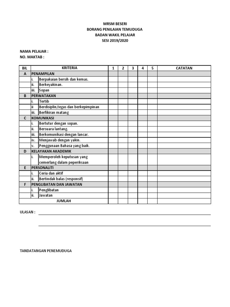 Borang Penilaian Temuduga | PDF