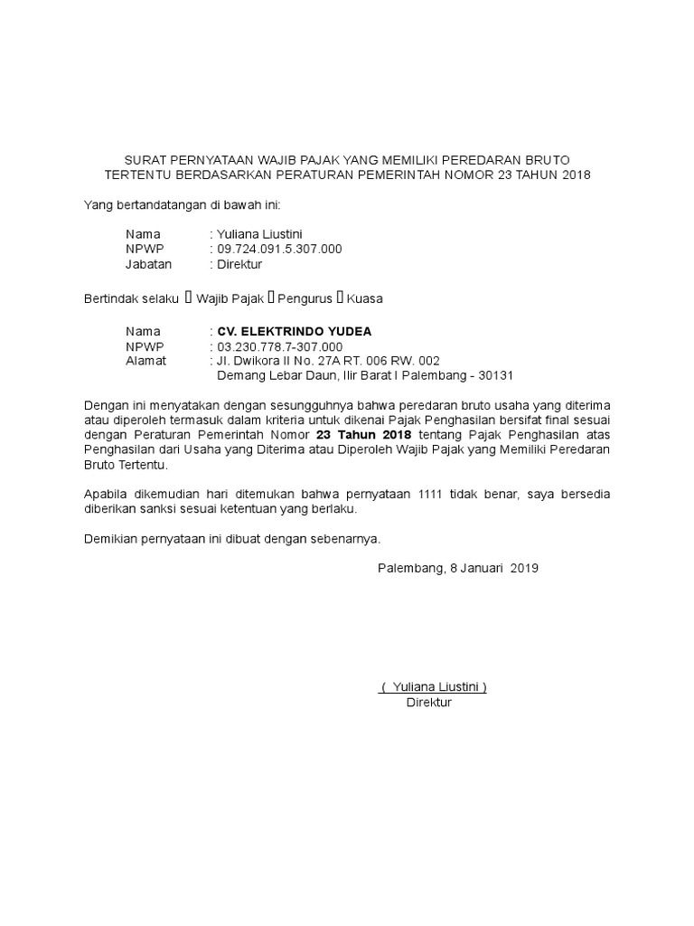 Surat Pernyataan Wajib Pajak PP 23 | PDF