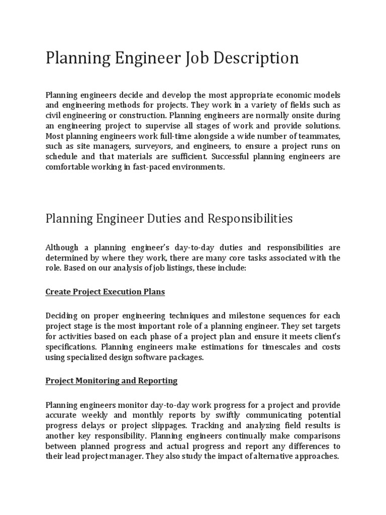 Planning Engineer Job Description | PDF | Project Management | Engineering
