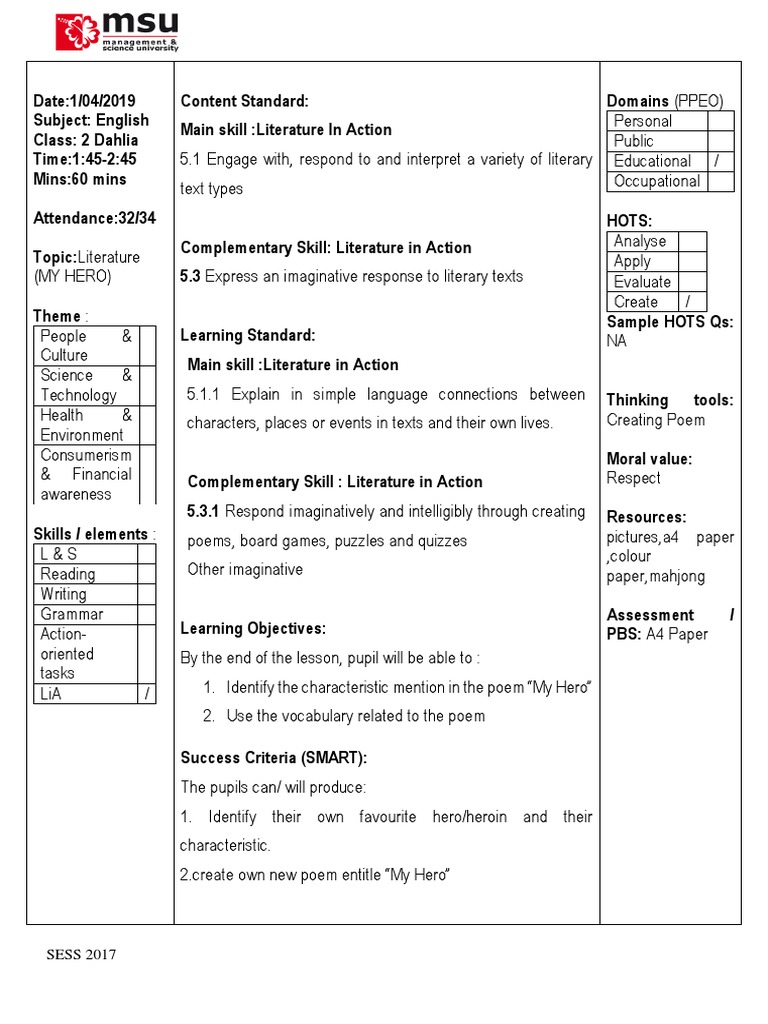 Lesson Plan Cefr Form 2 | PDF | Hero | Poetry