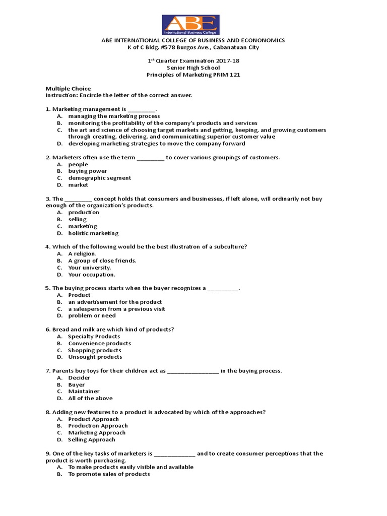 Marketing Exam | PDF | Sales | Marketing