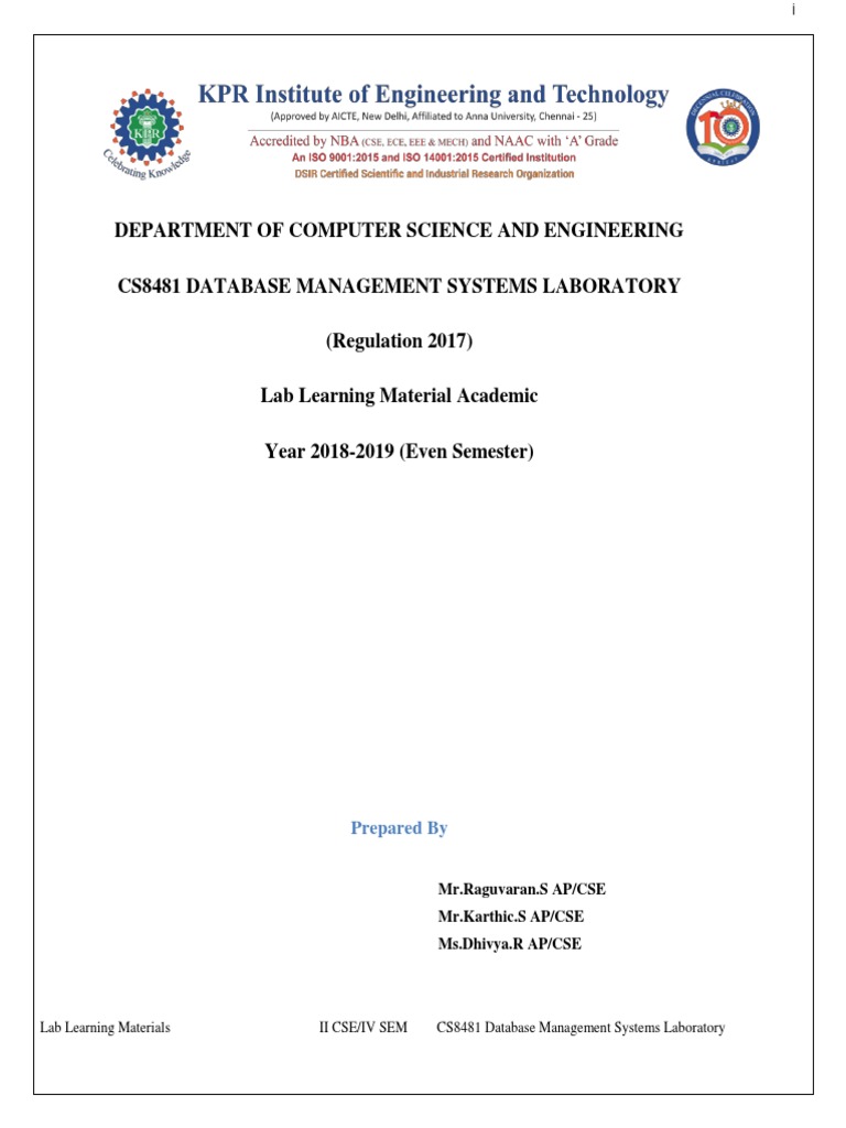 CS8481 Database Management Systems Laboratory Manual IICSEA | PDF | Relational Database | Databases