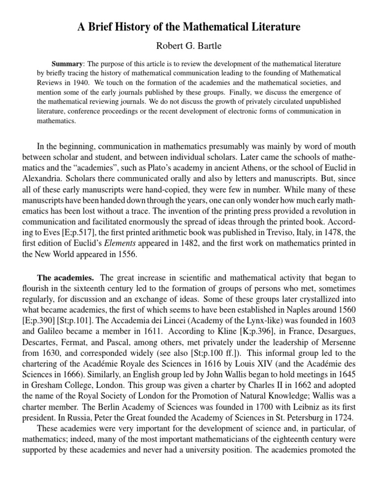 A Brief History of The Mathematical Literature: Robert G. Bartle | PDF ...