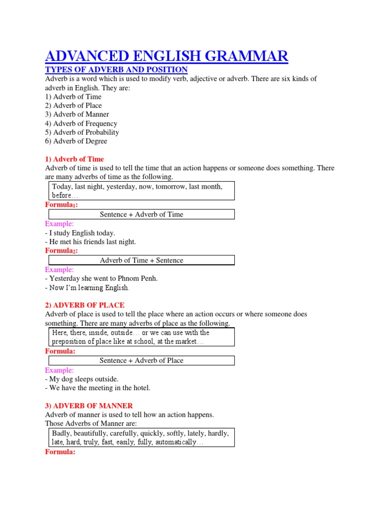 Types and Positions of Adverbs | PDF | Adverb | Verb