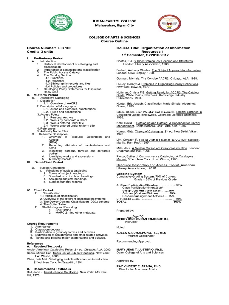 LIS 105 Course Outline | PDF | Cataloging | Library Cataloging And Classification