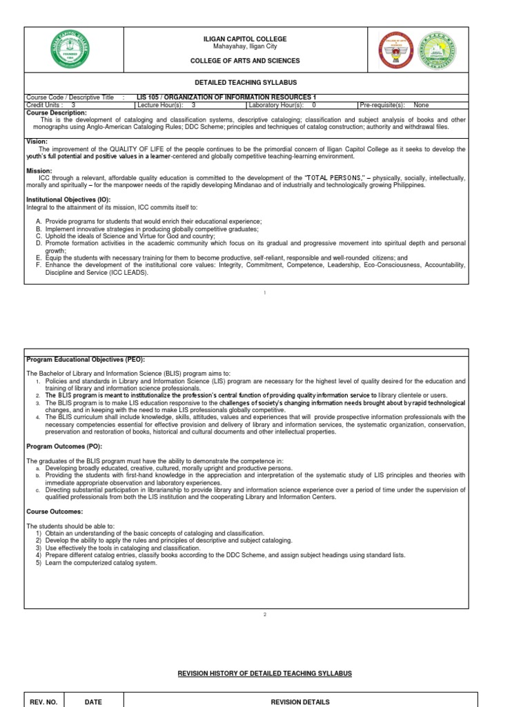 LIS 105: Cataloging & Classification Syllabus | PDF | Information ...