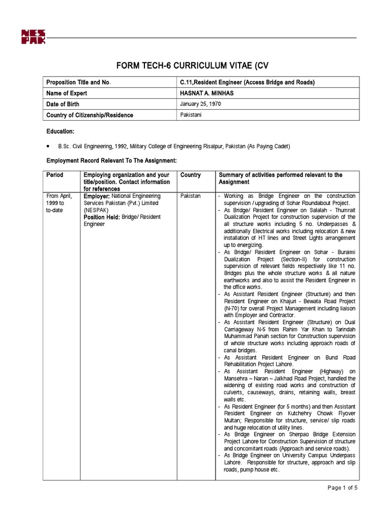 Form Tech-6 Curriculum Vitae (CV: Page 1 of 5 | PDF | Precast Concrete ...