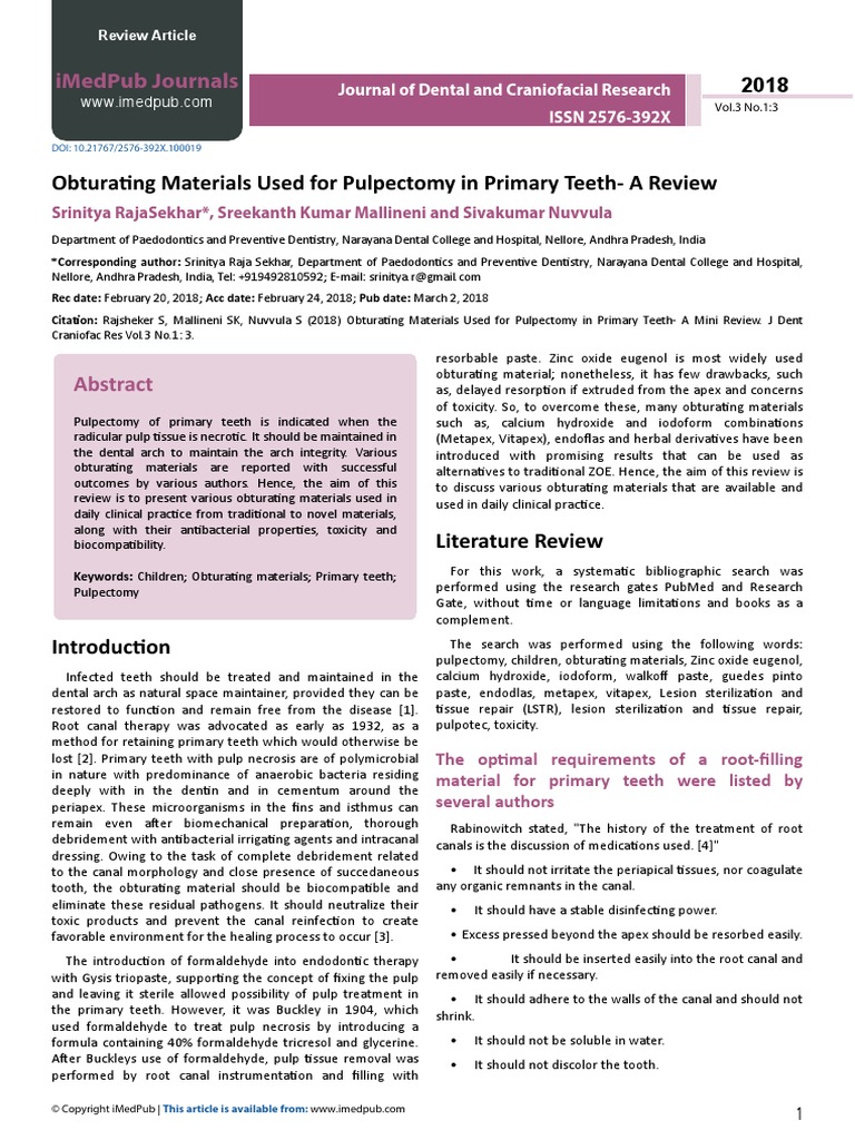 Obturating Materials Used For Pulpectomy in Primary Teeth A Review ...