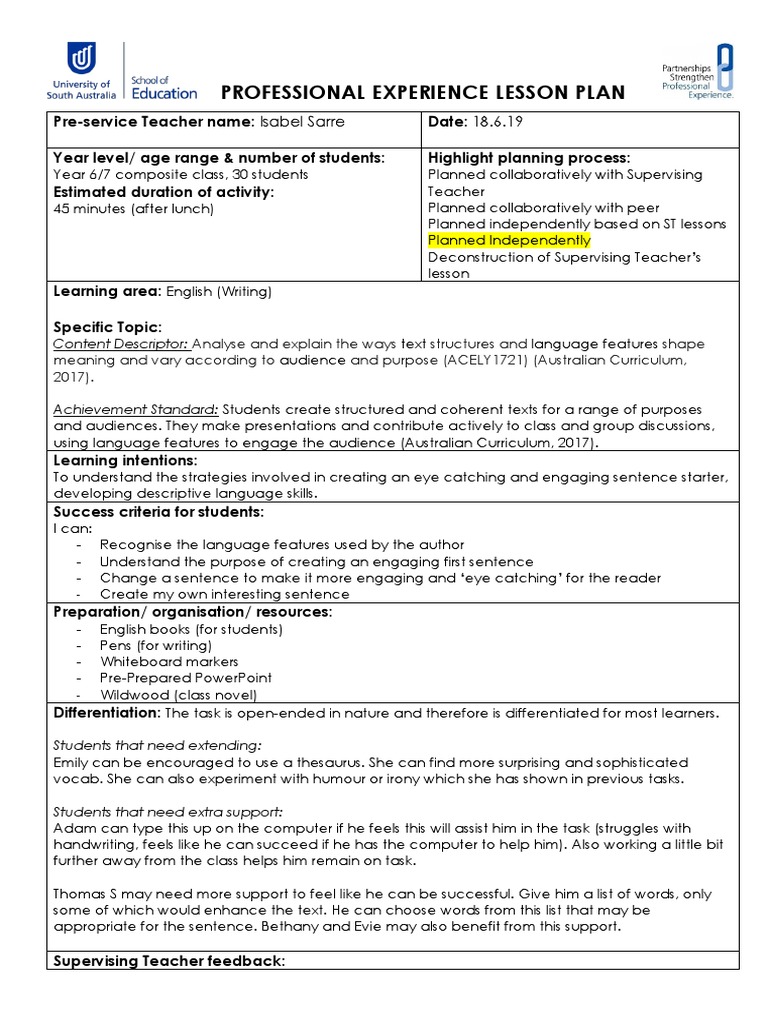 Professional Experience Lesson Plan: Content Descriptor | PDF ...