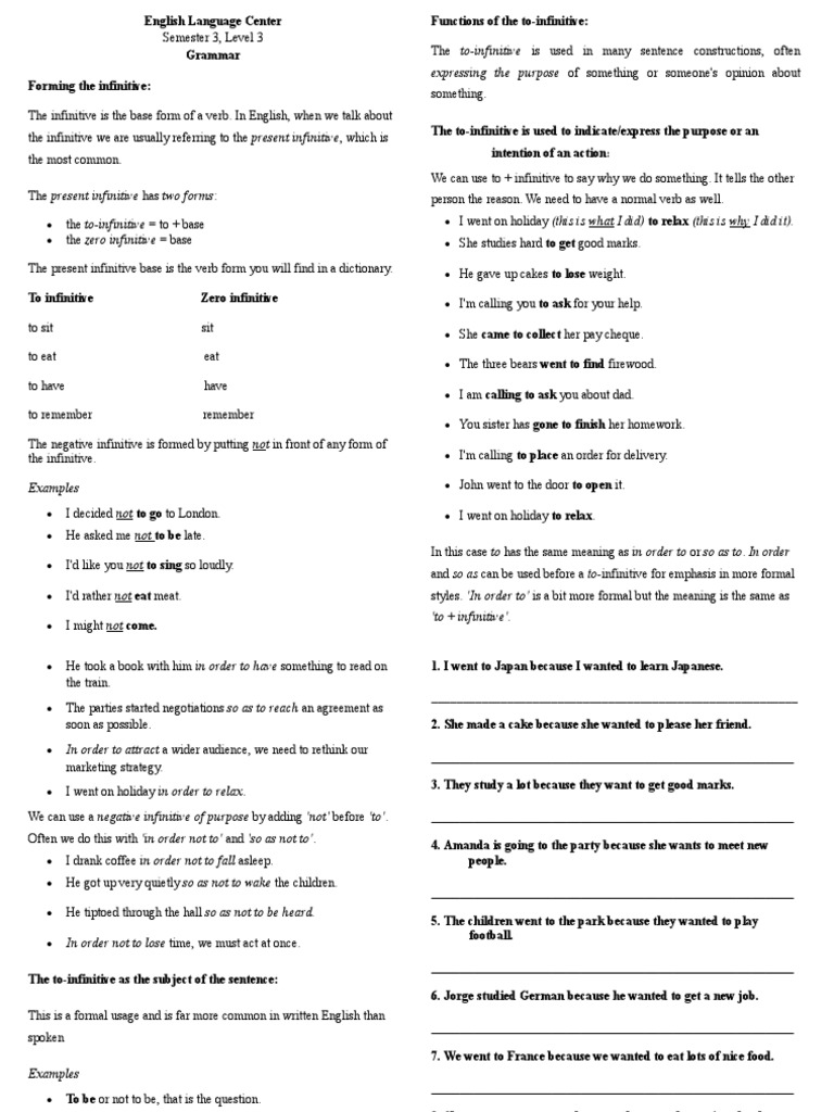 The Infinitive of Purpose | PDF