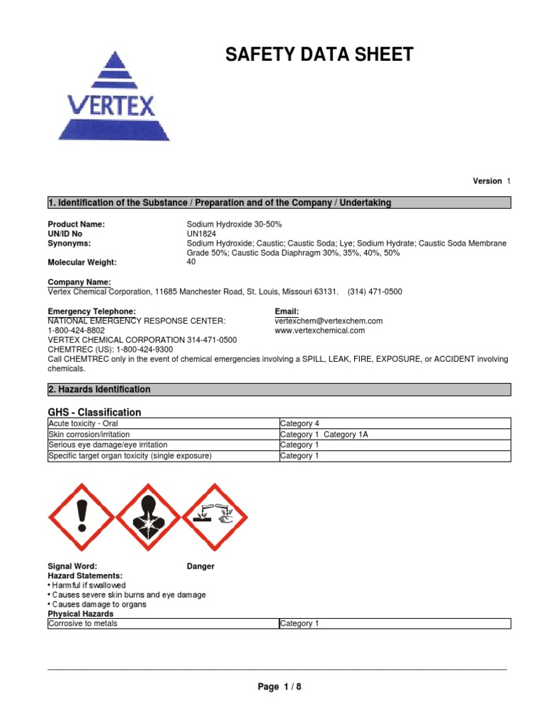 UN1824 Sodium Hydroxide Safety Data Sheet | PDF | Sodium Hydroxide ...