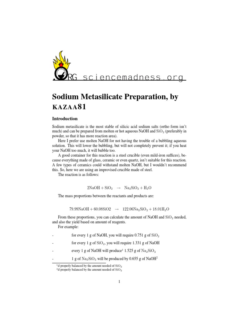 Sodium Metasilicate Preparation | PDF | Sodium Hydroxide | Silicon Dioxide