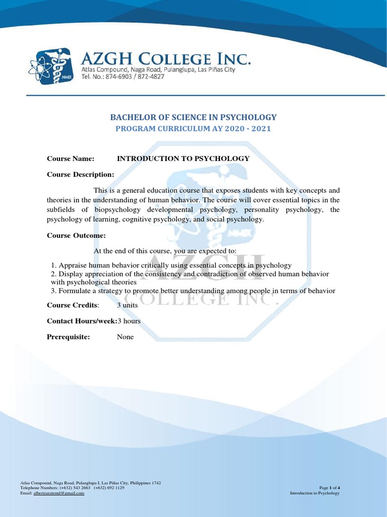Bachelor of Science in Psychology: Program Curriculum Ay 2020 - 2021 ...