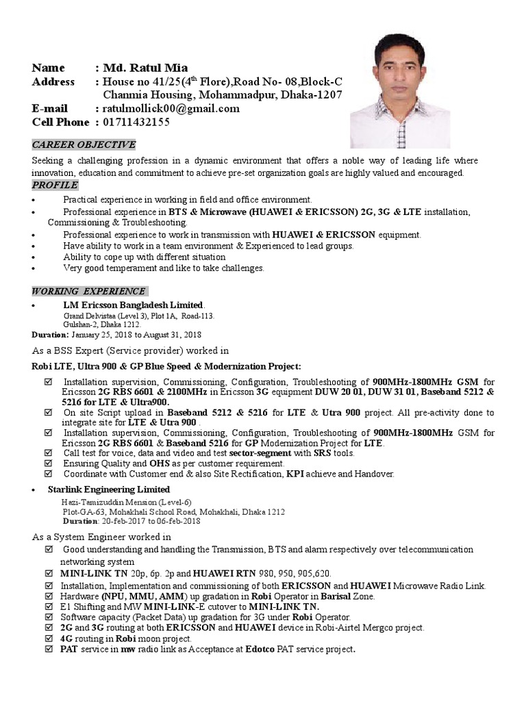 Resume of Ratul | PDF | Ericsson | Lte (Telecommunication)