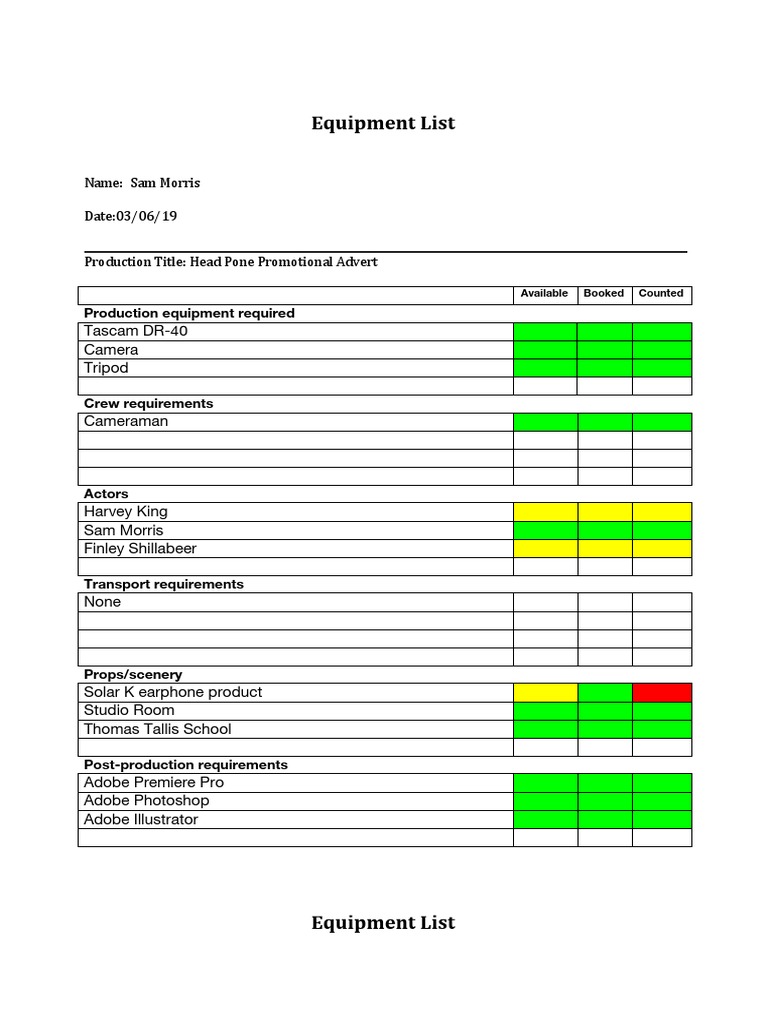 Equipment List | PDF