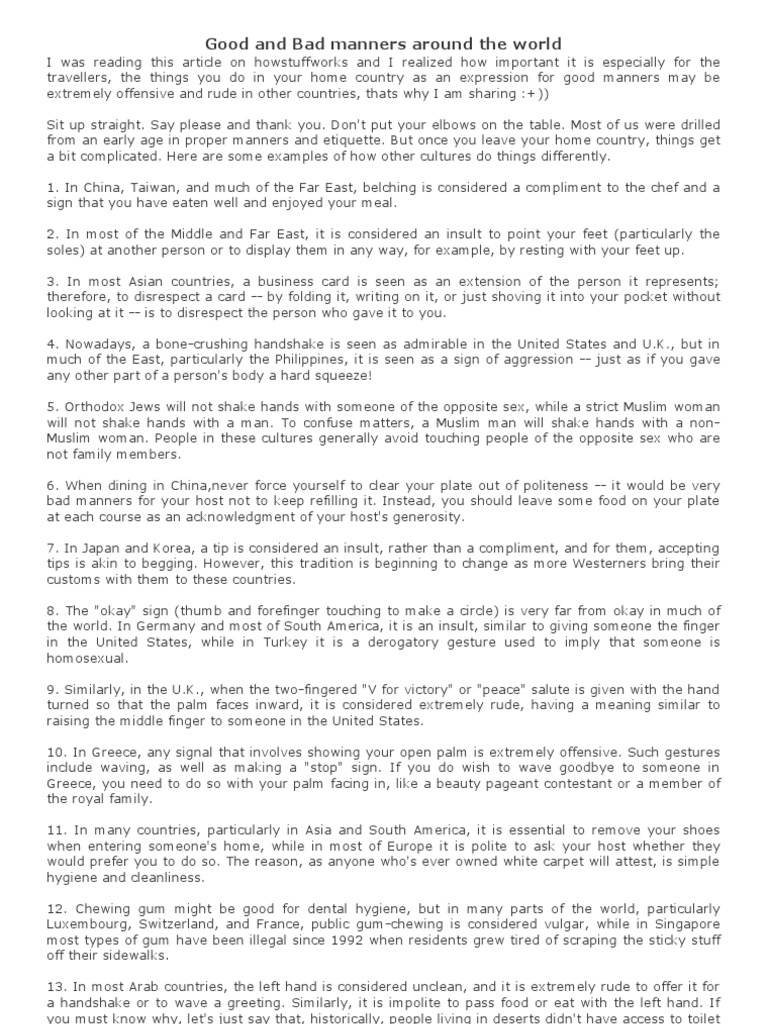 Good and Bad Manners Around The World | PDF | Etiquette