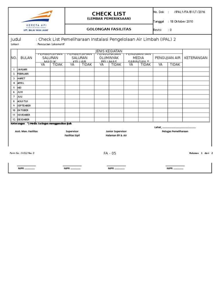 Check List Pemeliharaan IPAL 2 | PDF