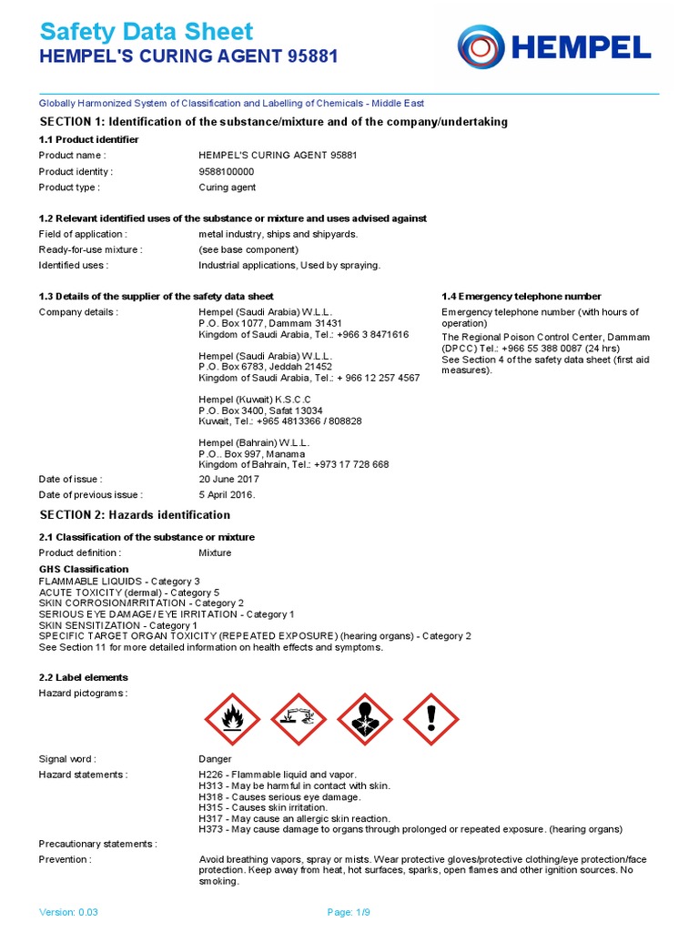 Hempel Curing Agent 95881 | PDF | Toxicity | Firefighting