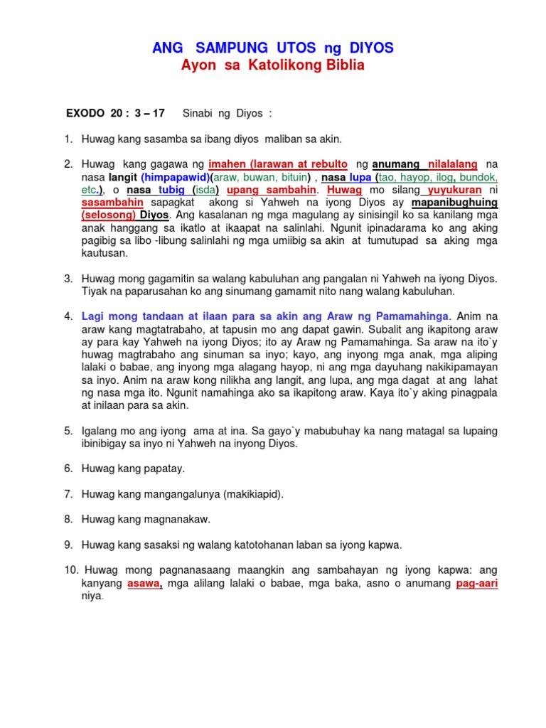 Ang Sampung Utos NG Diyos: Ayon Sa Katolikong Biblia | PDF