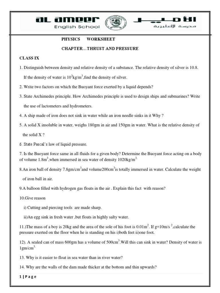 Upthrust Worksheet | PDF | Buoyancy | Density