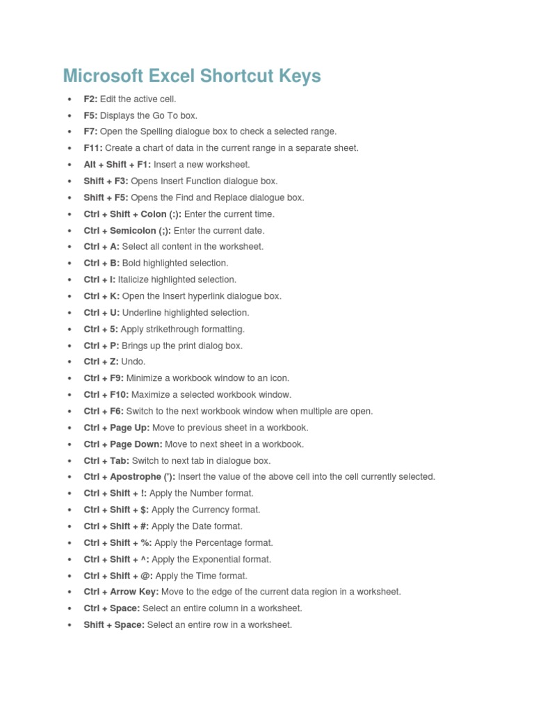 Microsoft Excel Shortcut Keys | PDF | Human–Computer Interaction | Personal Computers