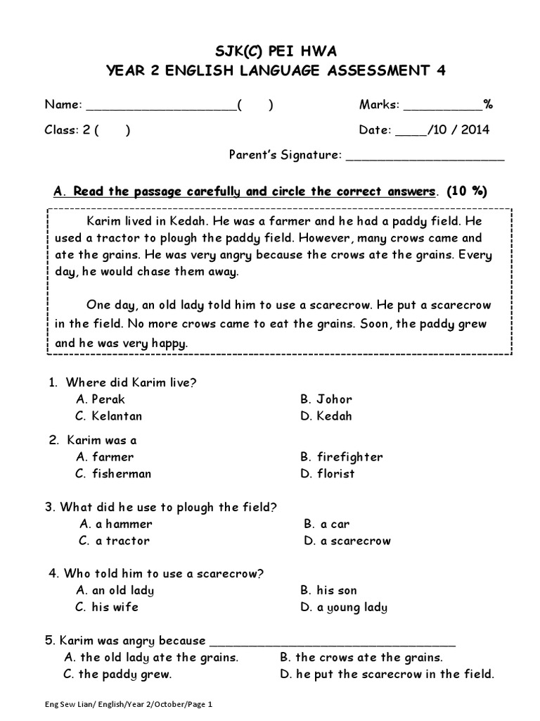 SJK (C) Pei Hwa Year 2 English Language Assessment 4: A. Read The ...