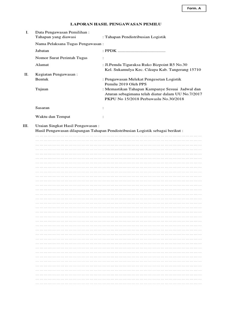 Laporan Hasil Pengawasan Pemilu: Form. A | PDF