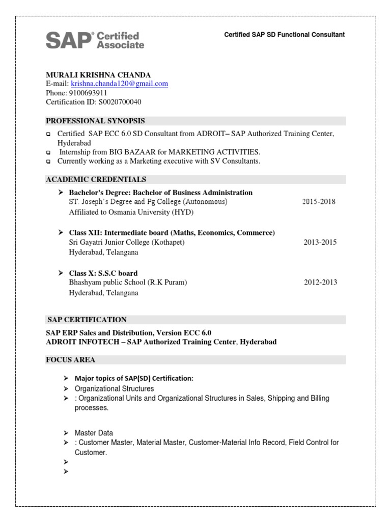 Murali Krishna Chanda: Certified SAP SD Functional Consultant | Download Free PDF | Sap Se | Sales