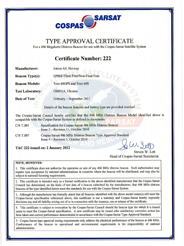 Certificate Cospas Sarsat Tron 60S and Tron 60GPS | PDF