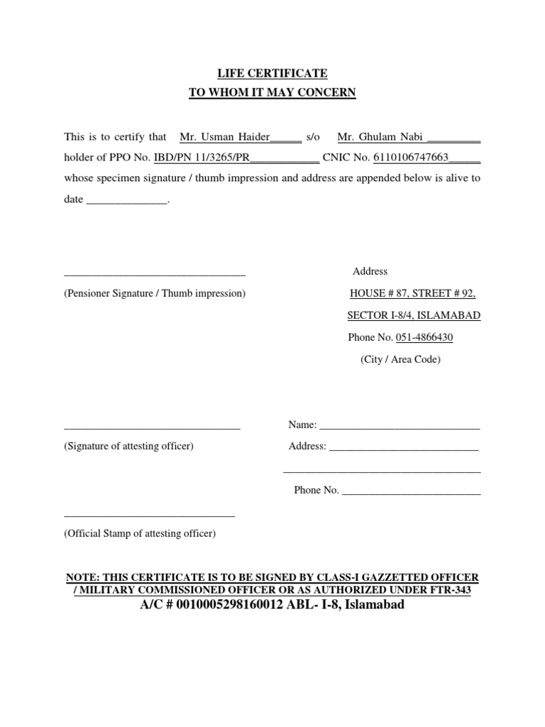 Life Certificate for Pensioners in Pakistan | PDF